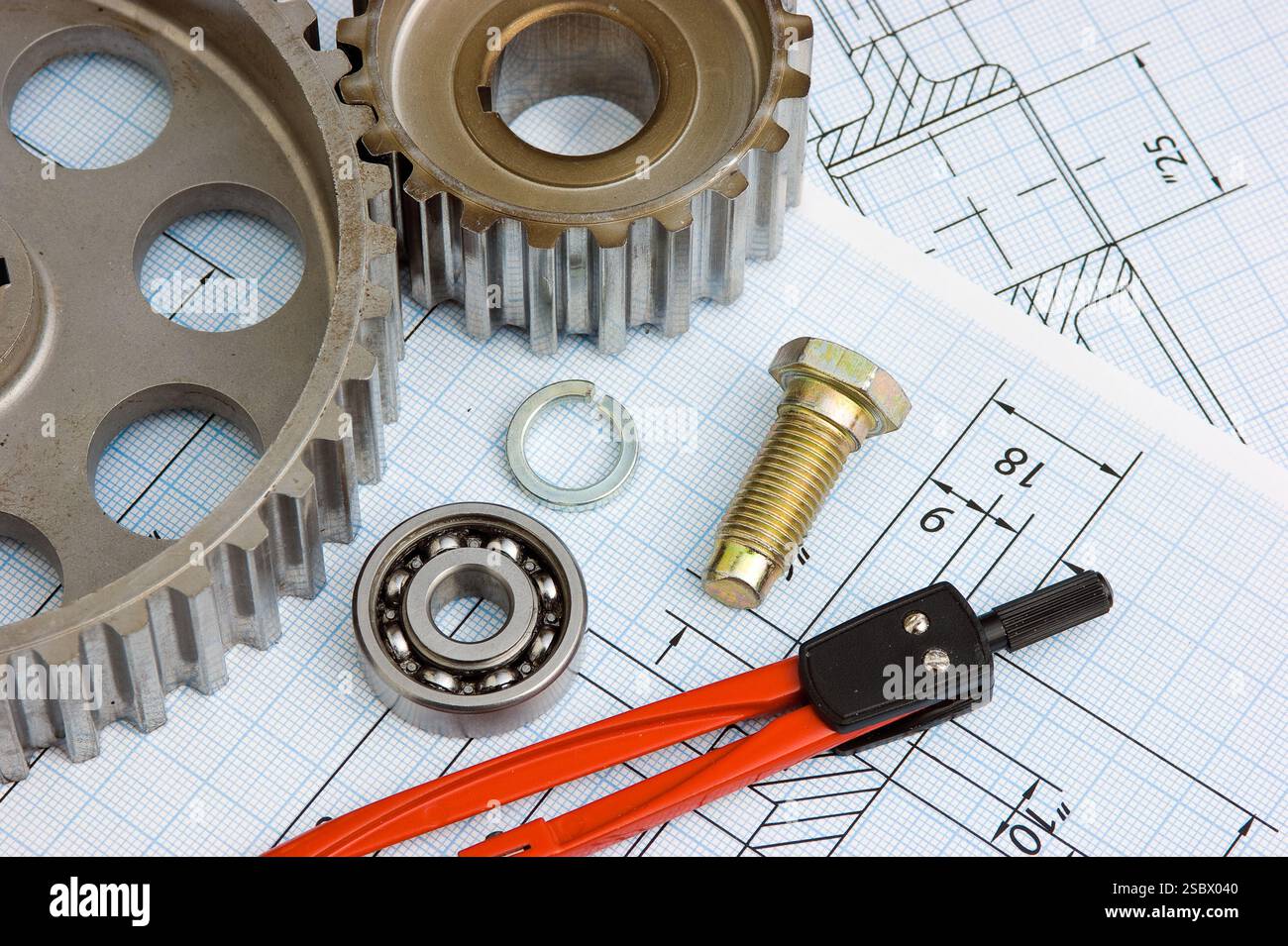 tools and mechanisms detail on the background of technical drawings ...