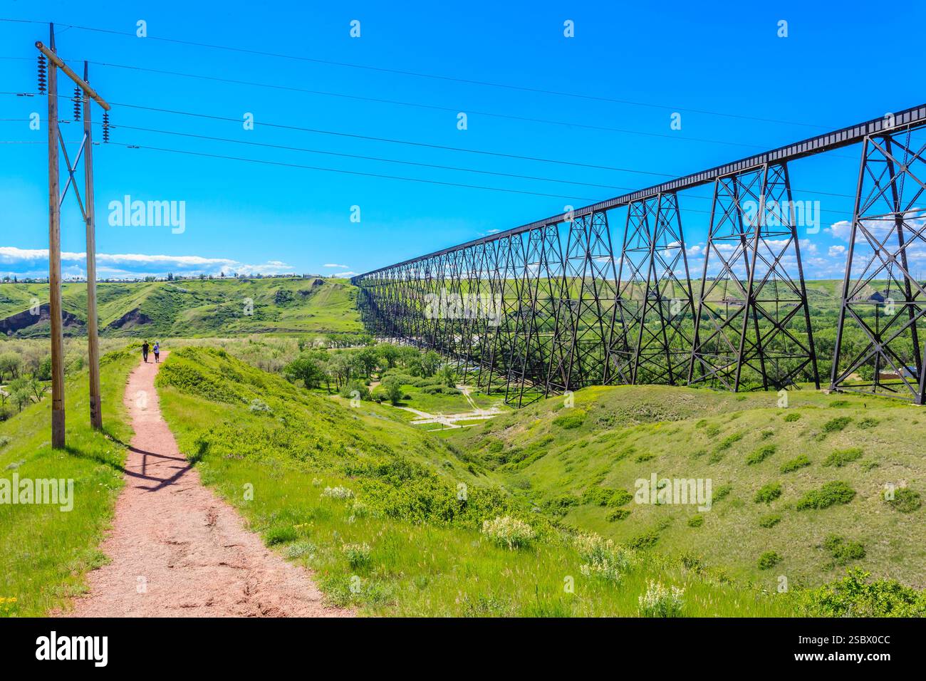 Long bridge spans a valley with a green hillside. A person is walking ...