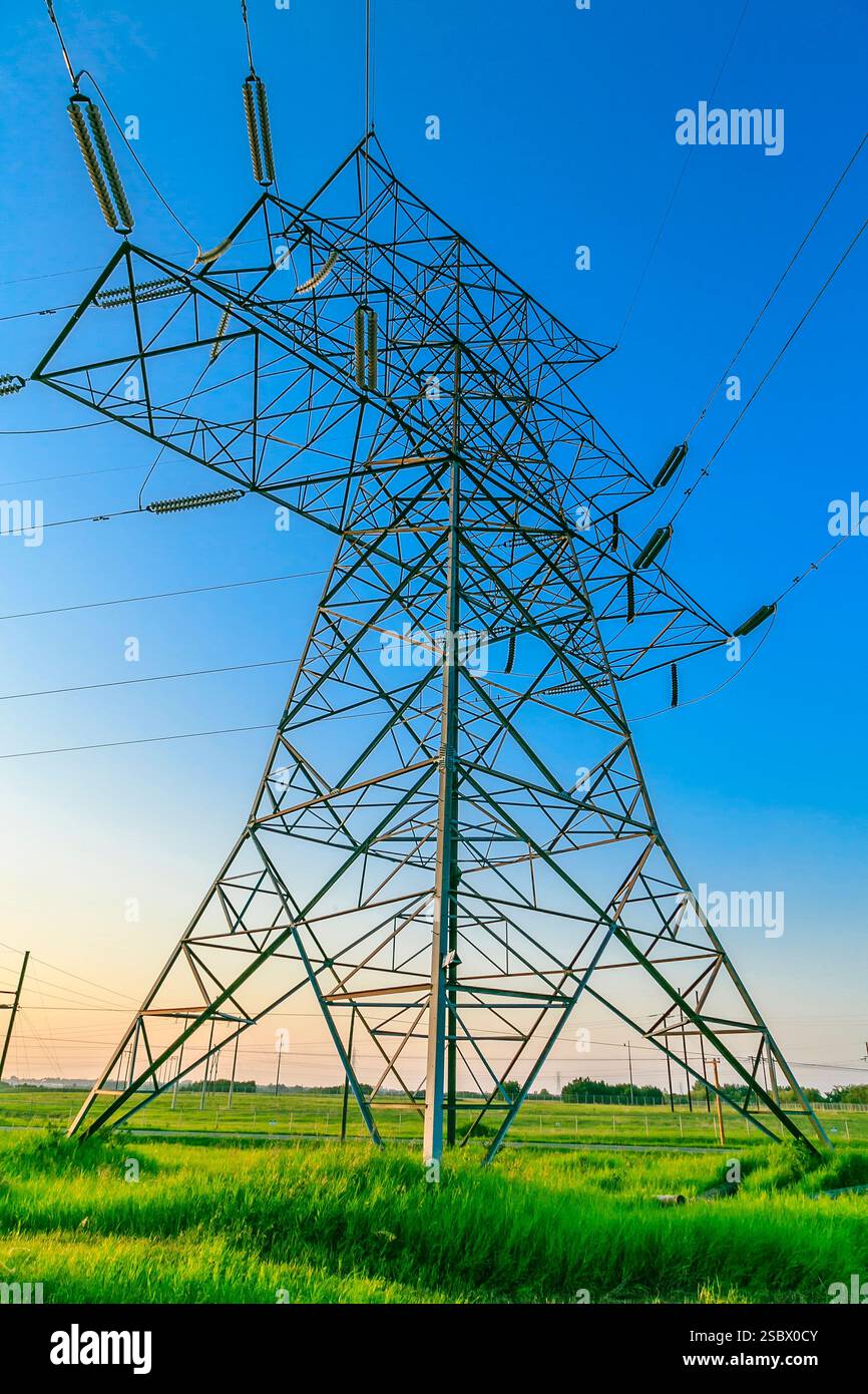 Tall power tower with wires on top. The sky is blue and clear. The ...