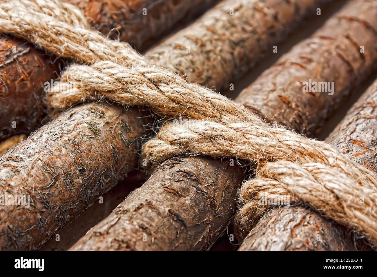 Strips of wood bound with old rope Stock Photo - Alamy