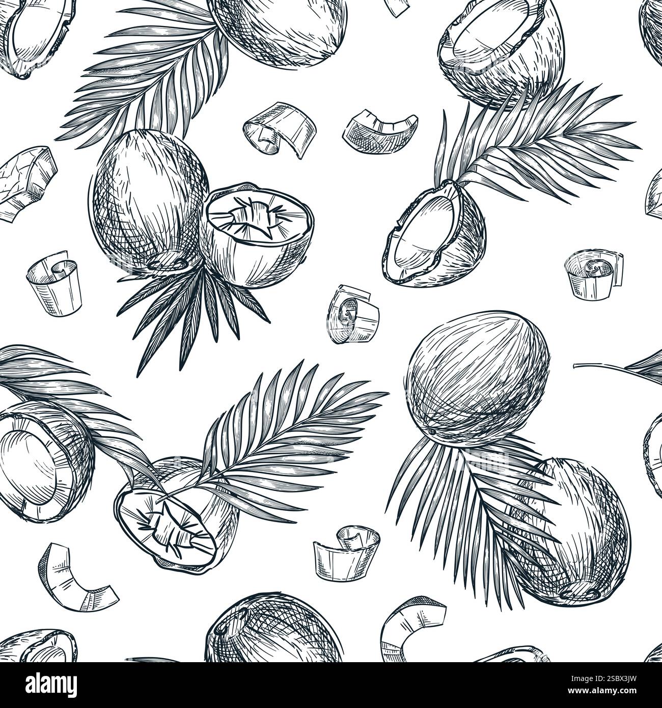 Coconut seamless pattern. Hand drawn sketch vector illustration of ...