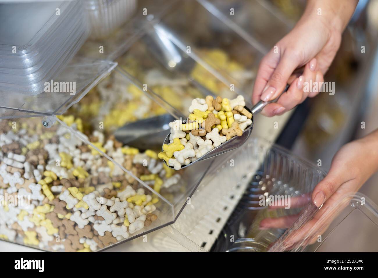 Female hands holding scoop with dog dry food in pet store Stock Photo ...
