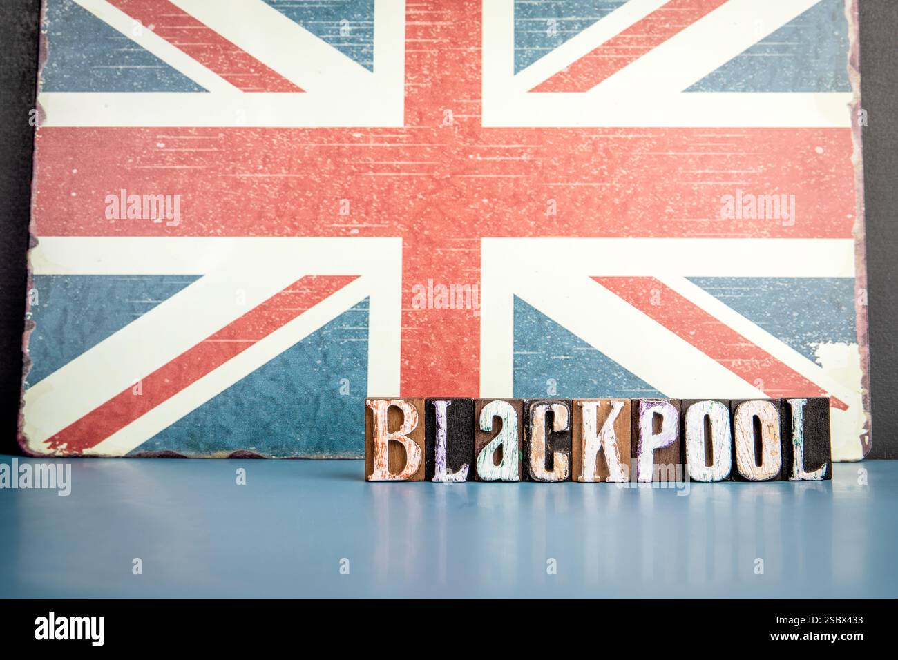 BLACKPOOL. Urban Area in Great Britain. Flag and alphabet letters on ...