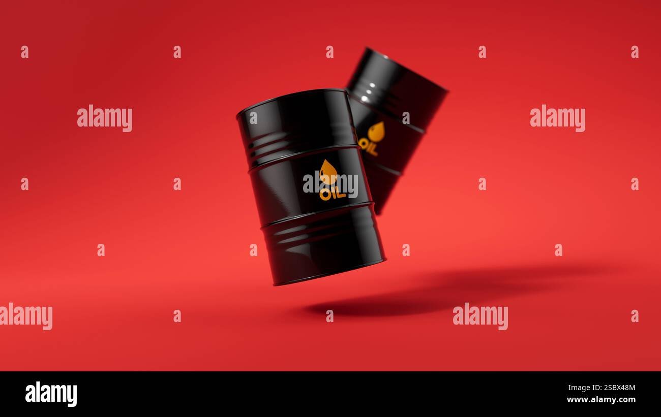 Two floating black metal oil barrels on red background. Front view with ...
