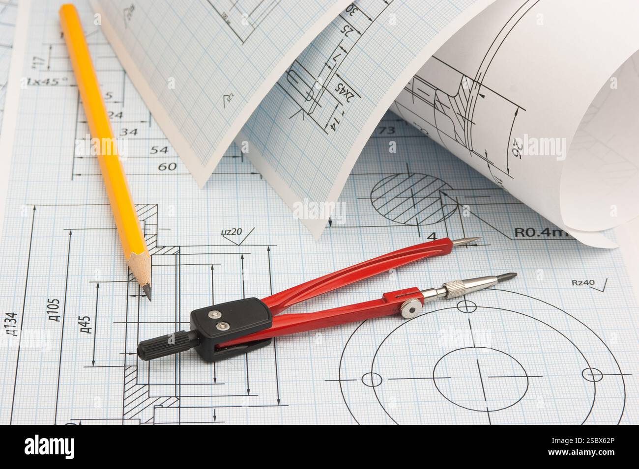 tools and mechanisms detail on the background of technical drawings ...