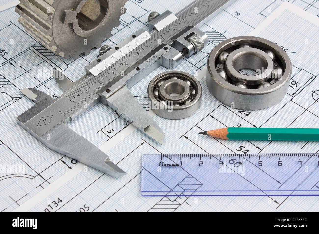 tools and mechanisms detail on the background of technical drawings ...