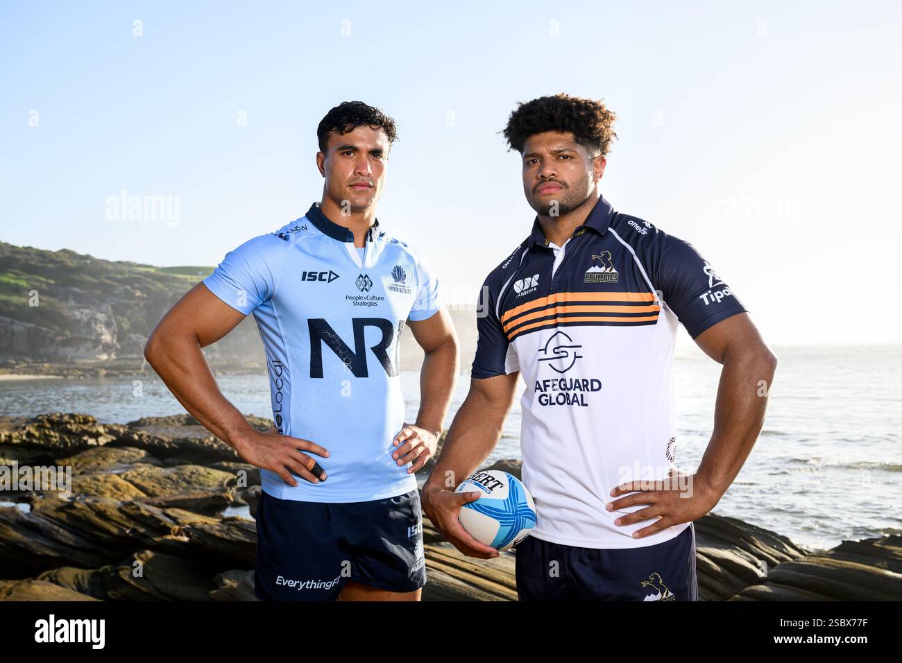 Super rugby players Joseph-Aukuso Suaalii of the NSW Waratahs (left ...
