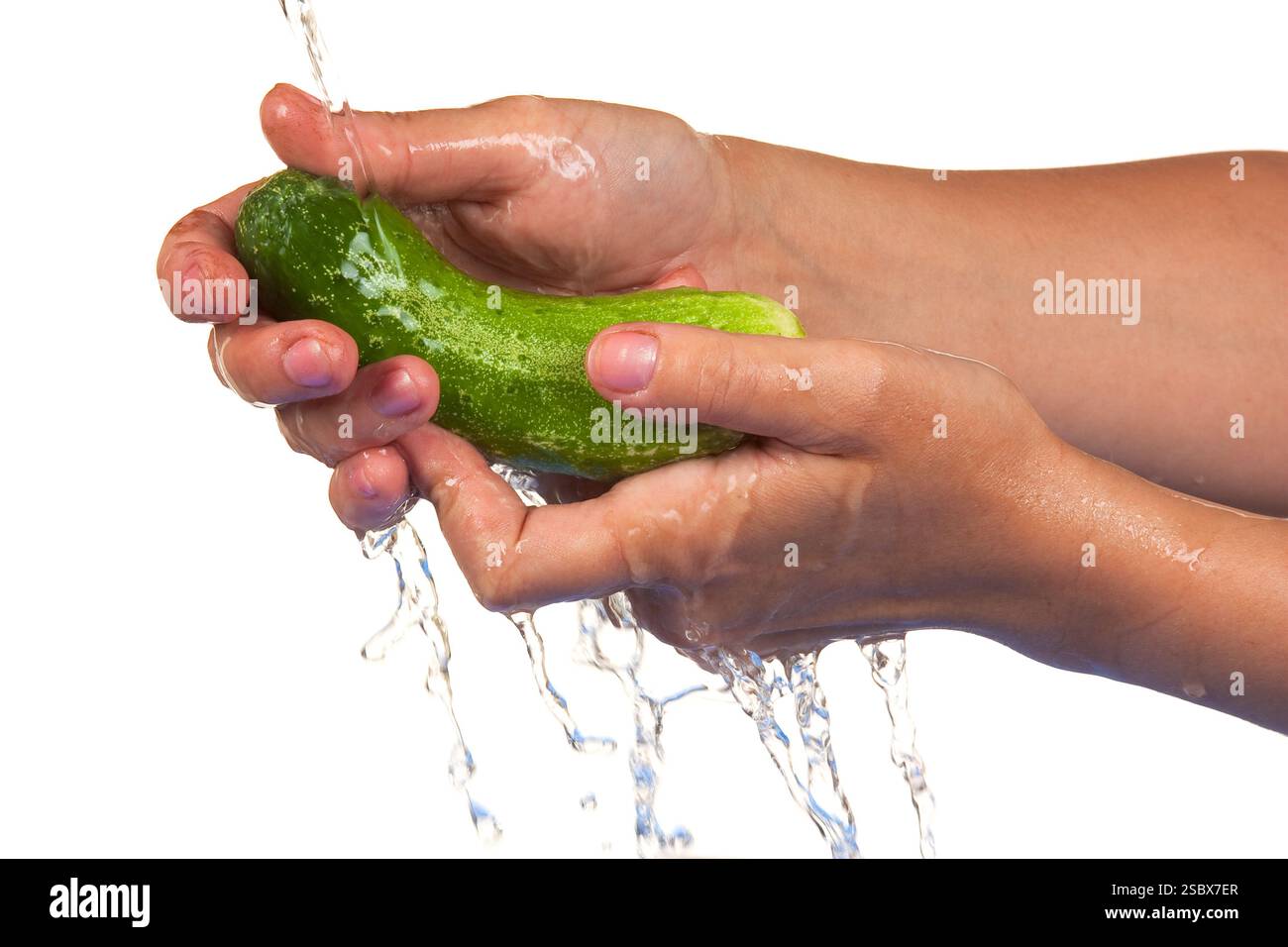 wash the cucumber in the hands isolated on white background Stock Photo ...