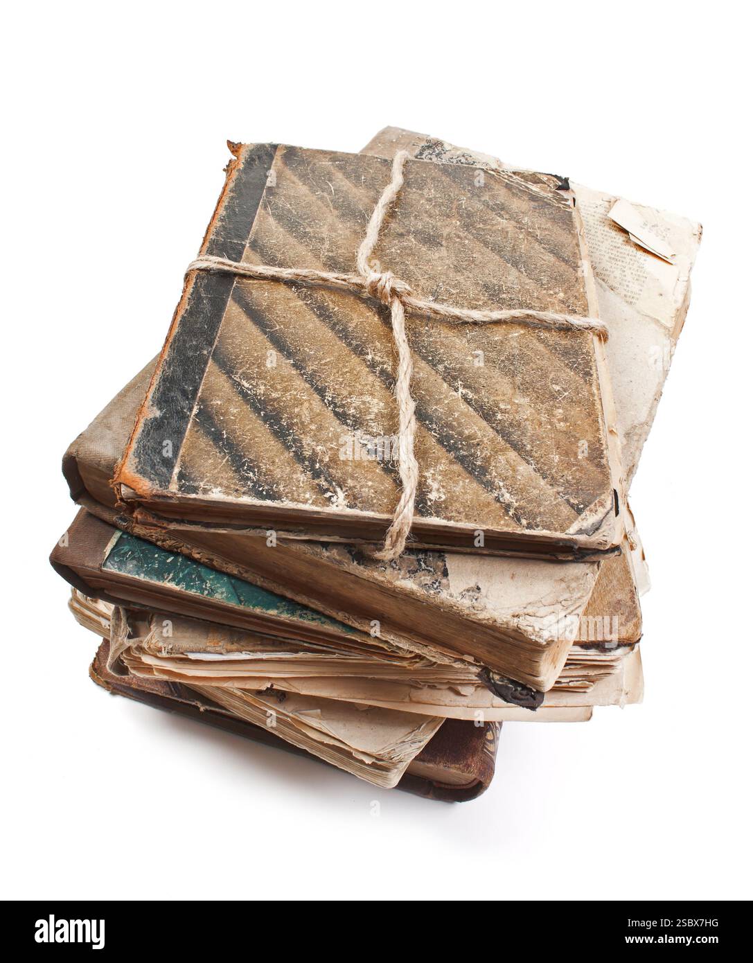 An old book with a crumpled sheet and hardcover isolated on white ...