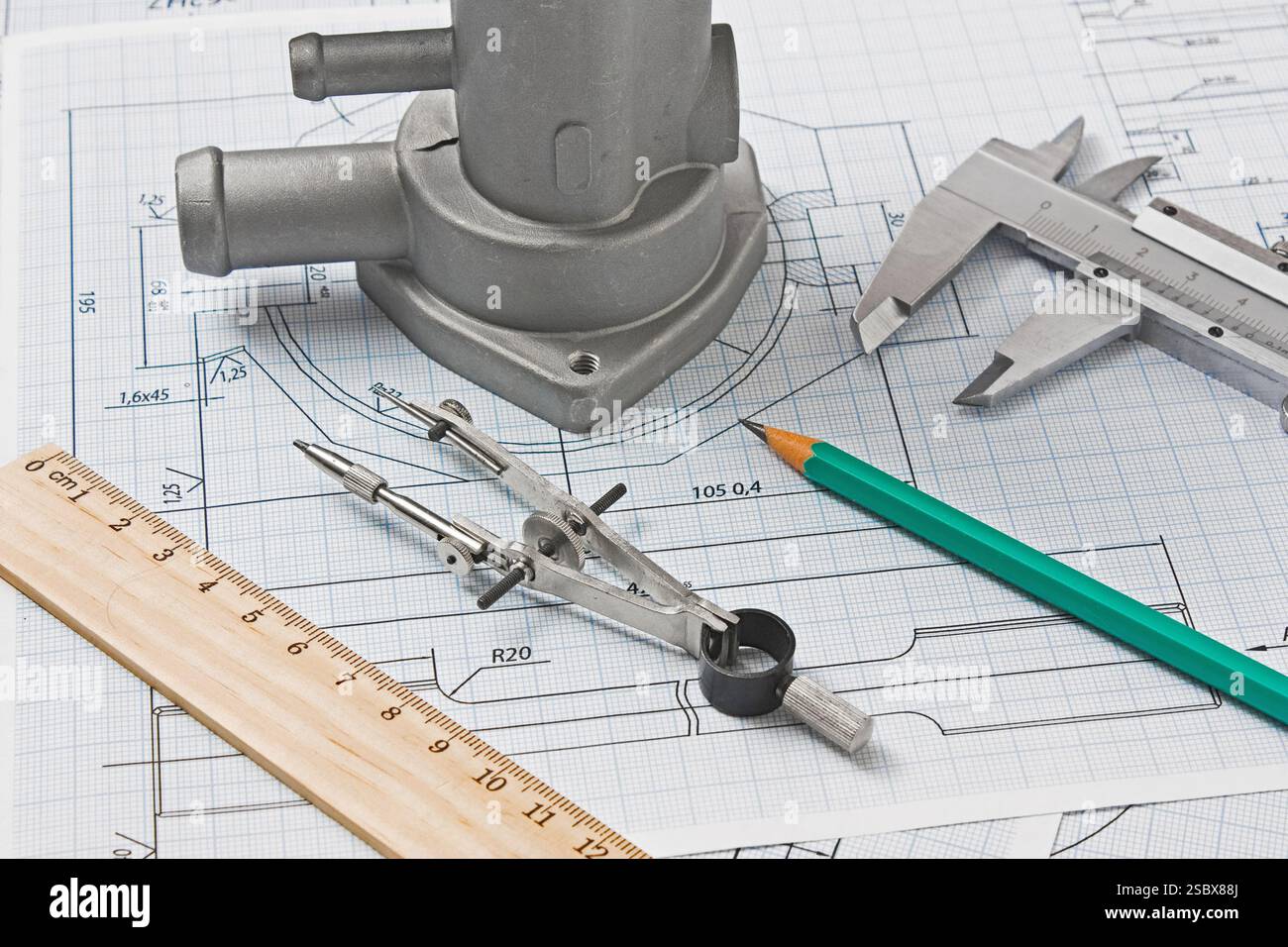 drawings of mechanisms with parts and tools Stock Photo - Alamy