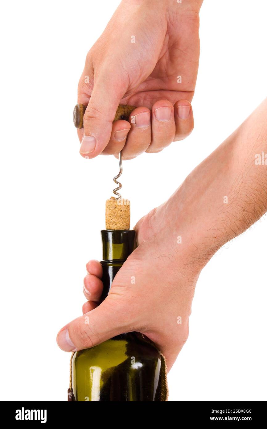 pulling corkscrew cork from the bottle isolated on white background ...