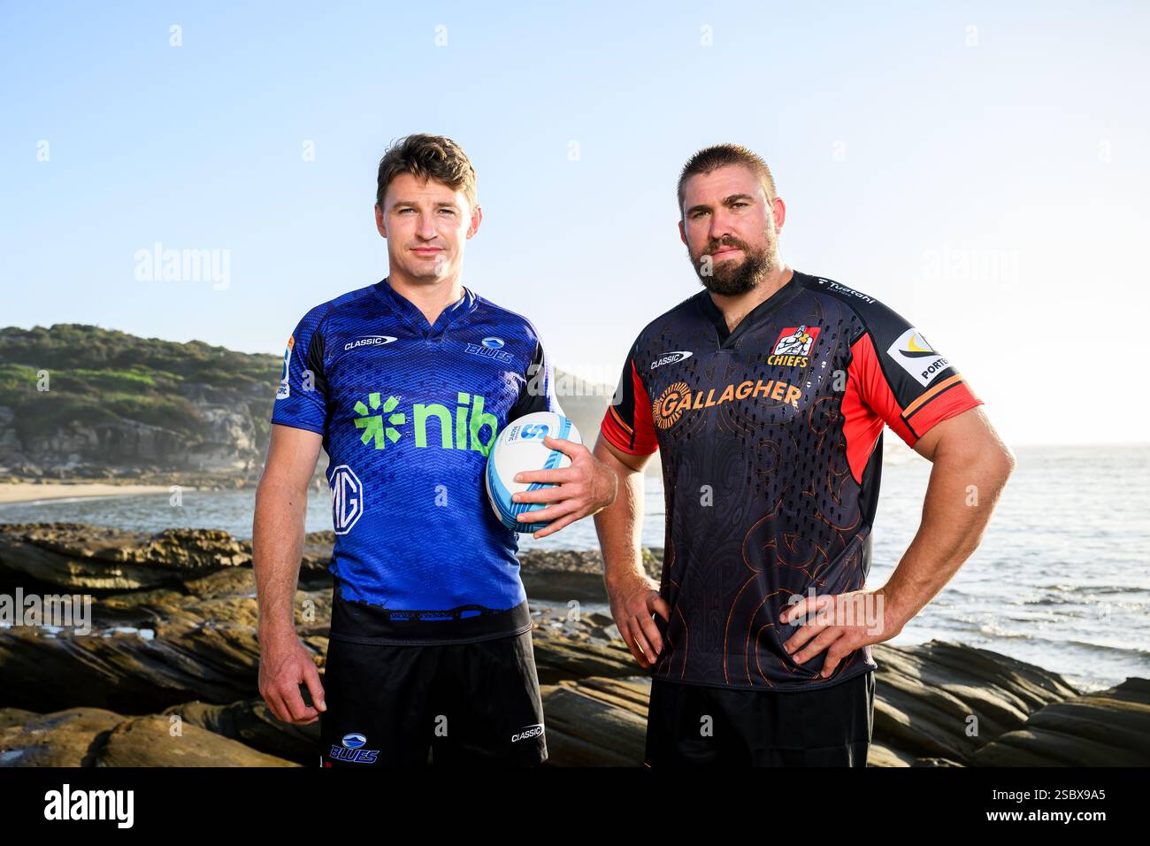 Super rugby players Beauden Barrett of the Blues (left), and Aidan Ross ...