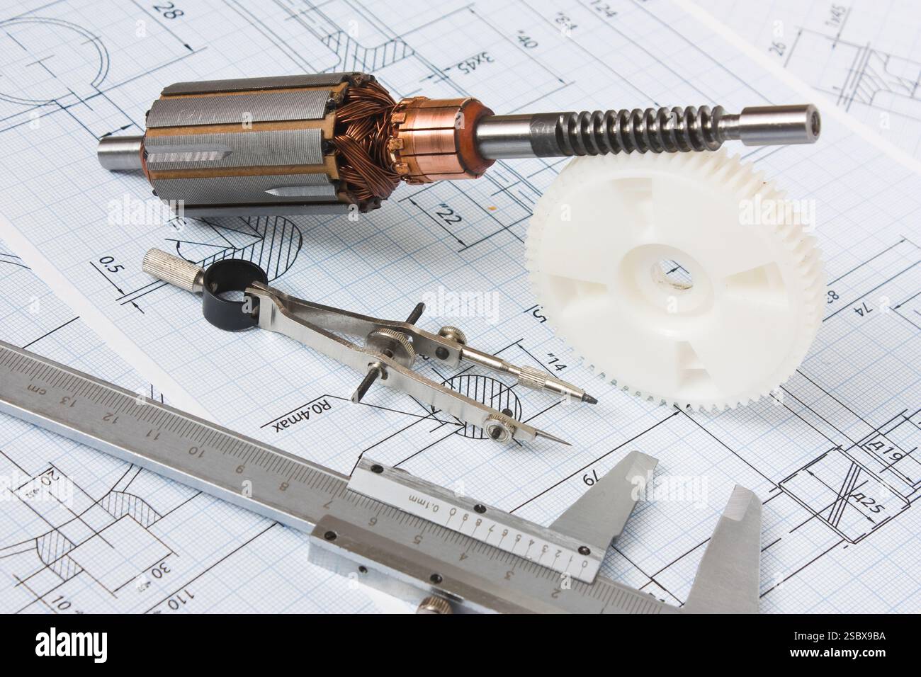 drawings of mechanisms with parts and tools Stock Photo - Alamy