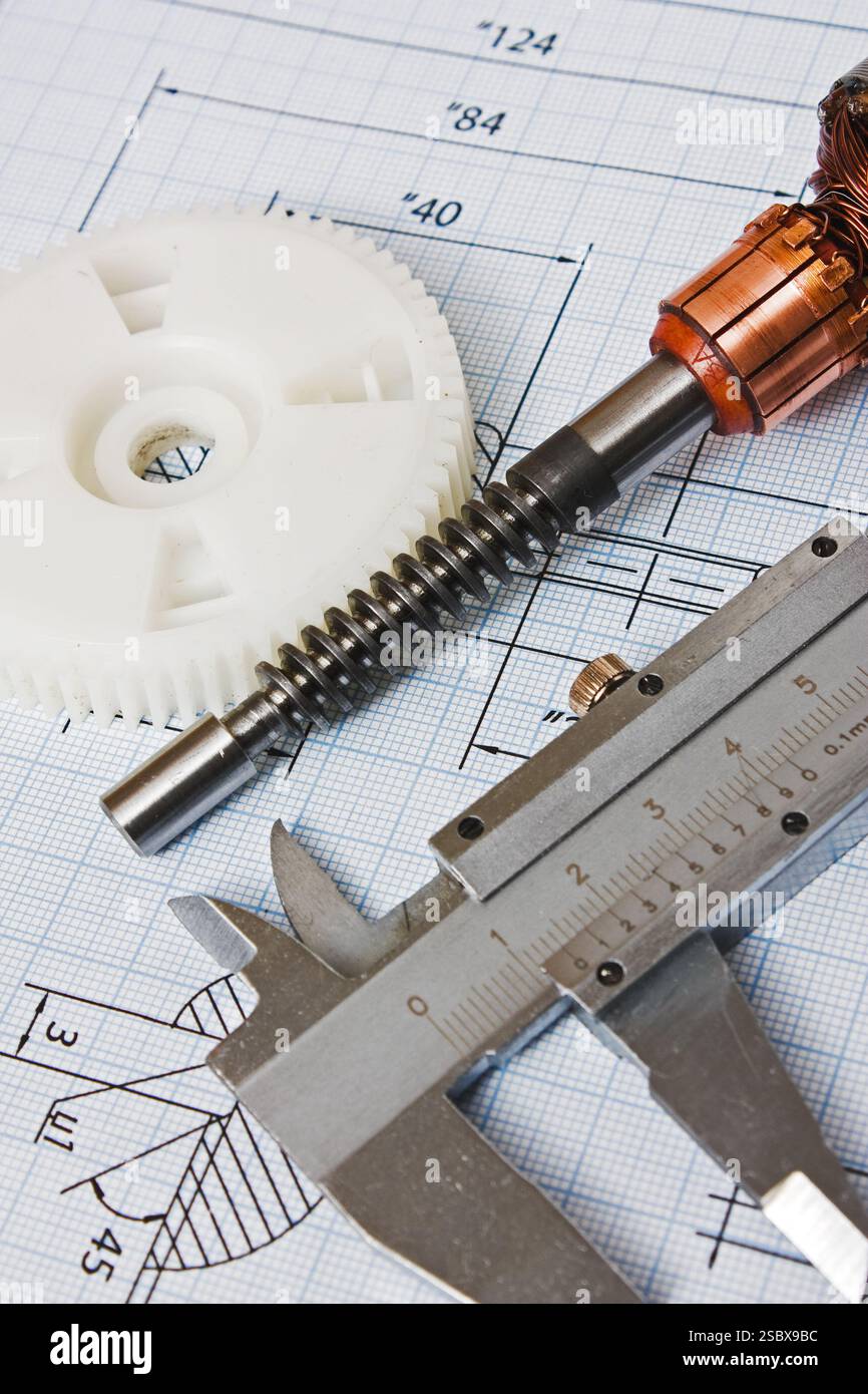 drawings of mechanisms with parts and tools Stock Photo - Alamy