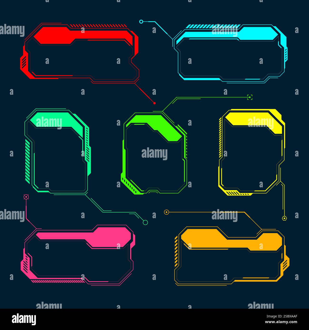 Futuristic HUD or UI elements. Sci-fi user interface text boxes, callouts. Colorful warning ...