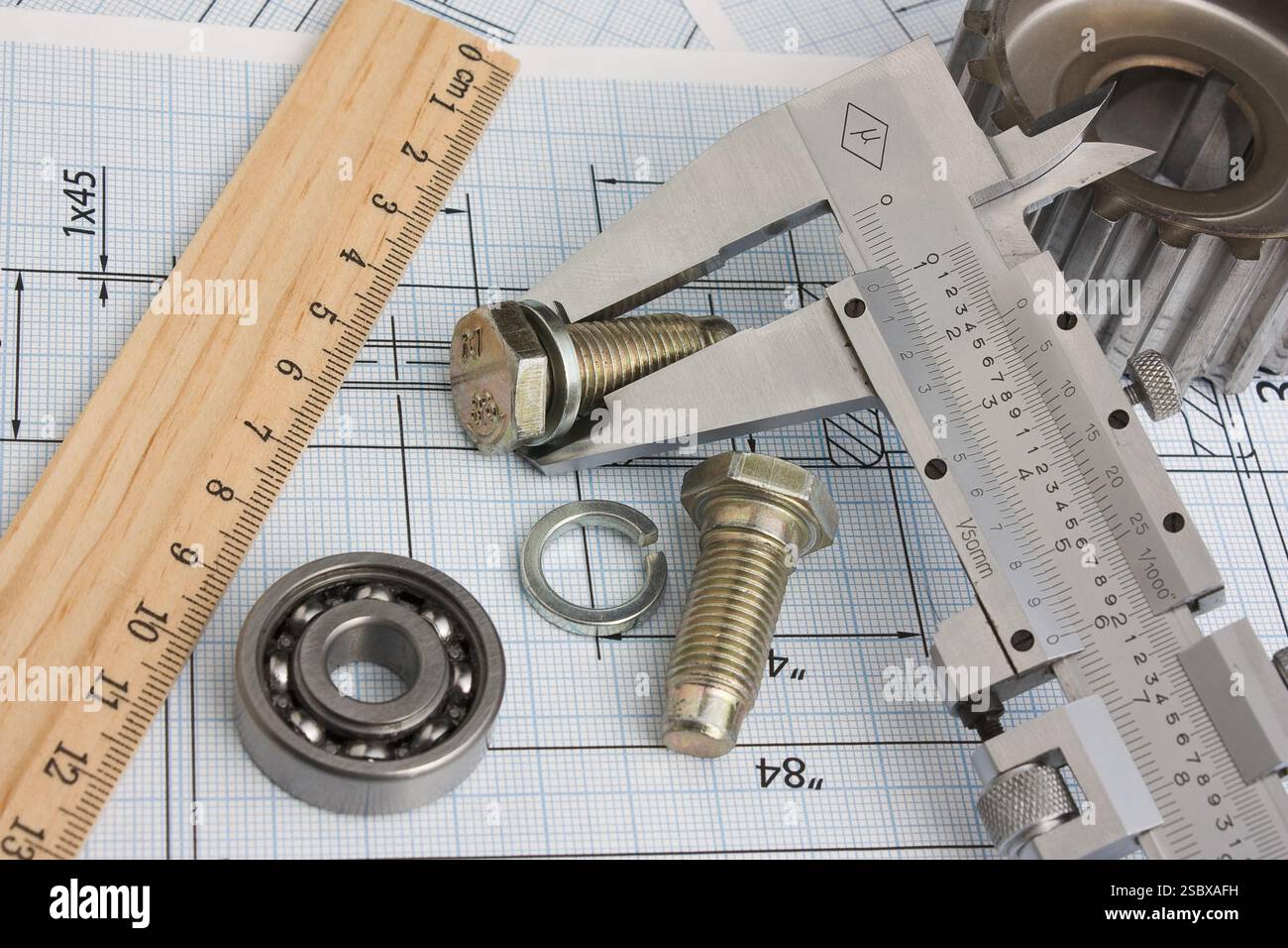 tools and mechanisms detail on the background of technical drawings ...