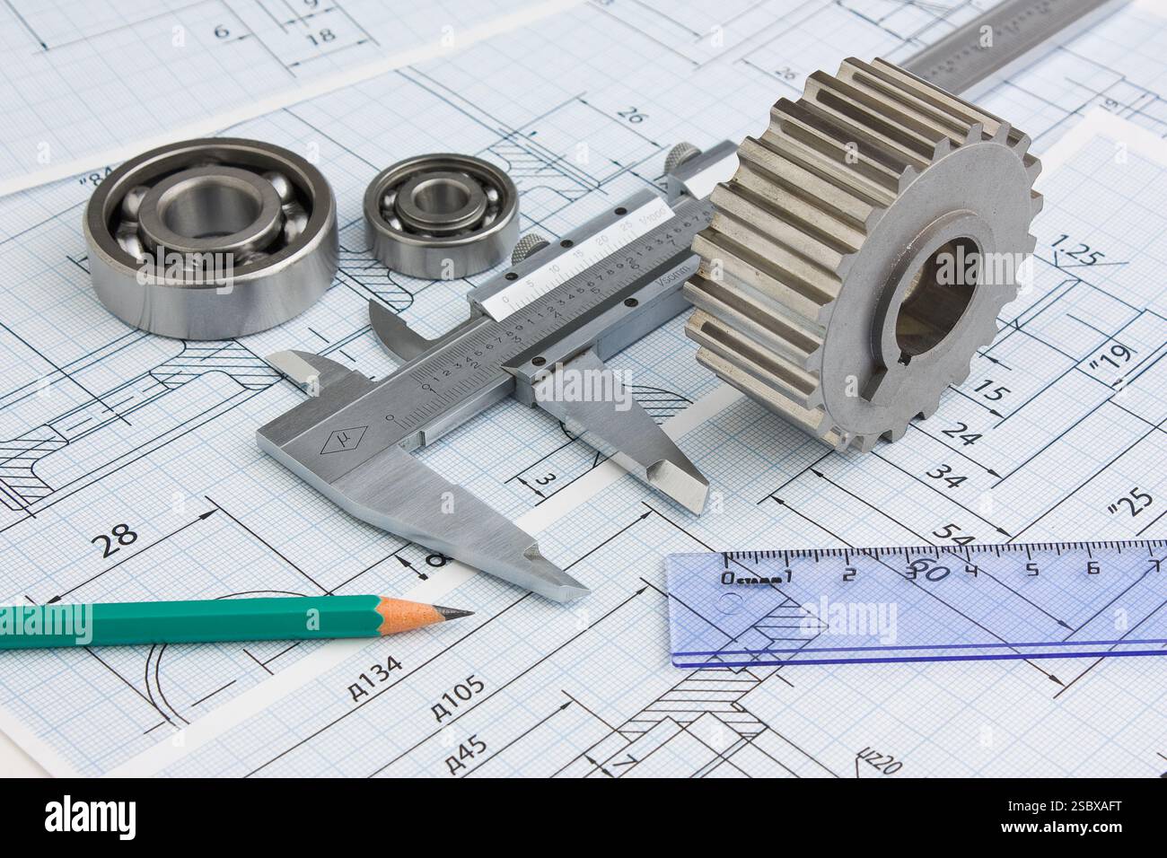 tools and mechanisms detail on the background of technical drawings ...