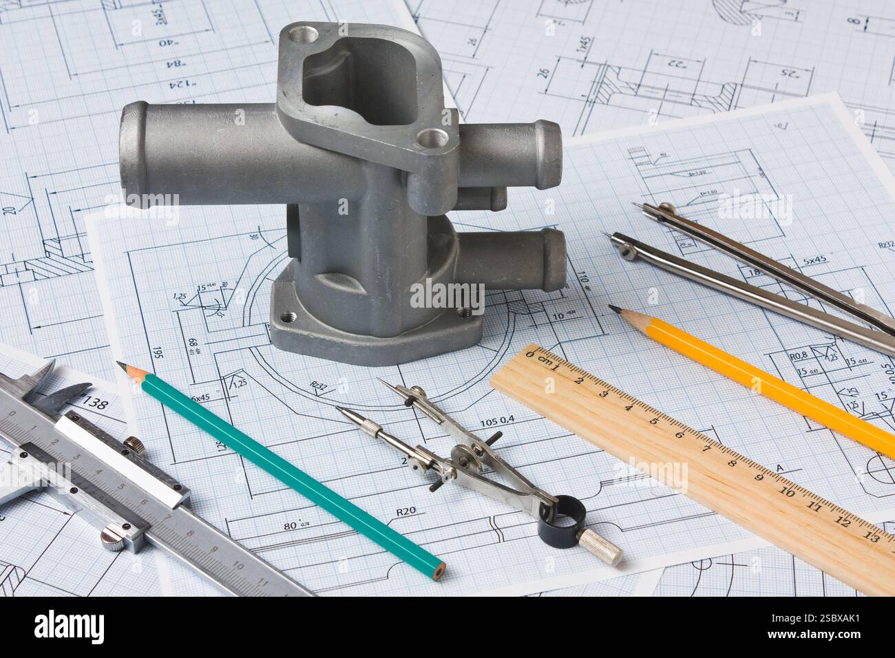 drawings of mechanisms with parts and tools Stock Photo - Alamy