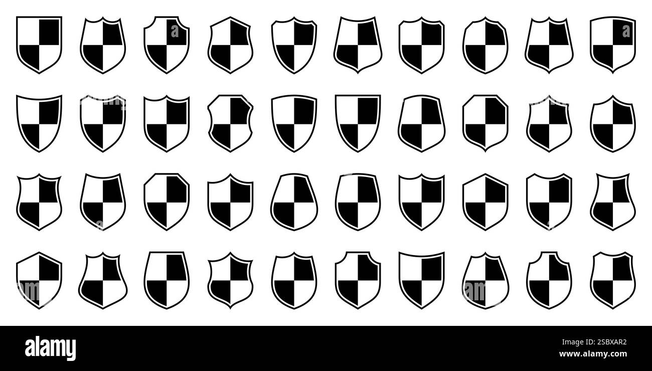 Set of various vintage shield icons. Black heraldic shields. Protection ...