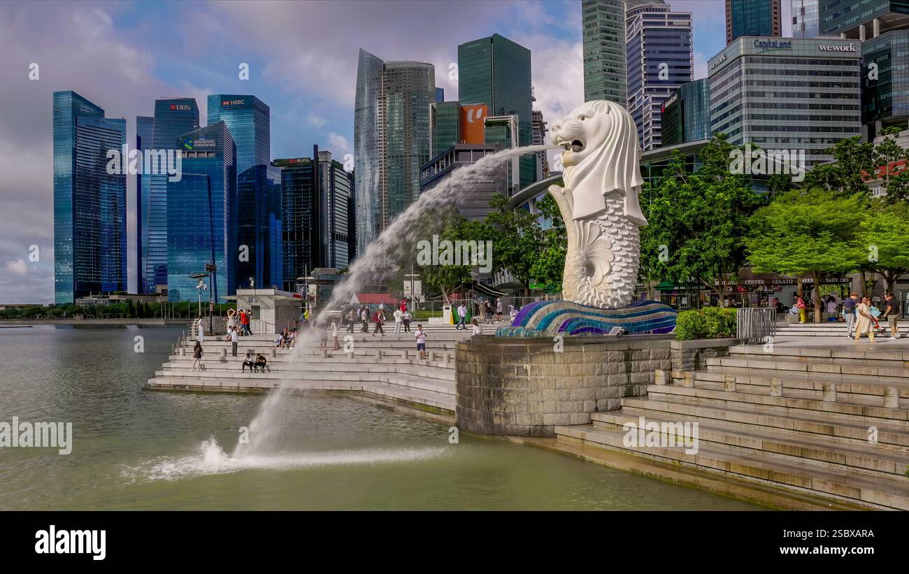 morning shot of the famous merlion fountain sunlit at merlion park in ...