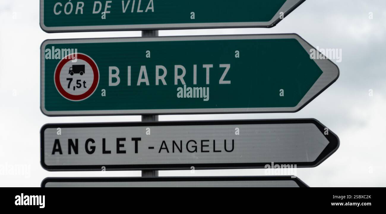 Road signs and directions, driving car in summer on French road ...