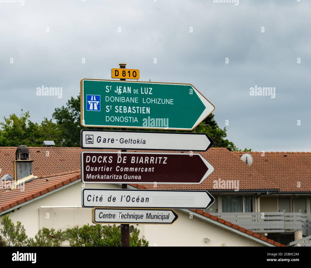 Road signs and directions, driving car in summer on French road ...