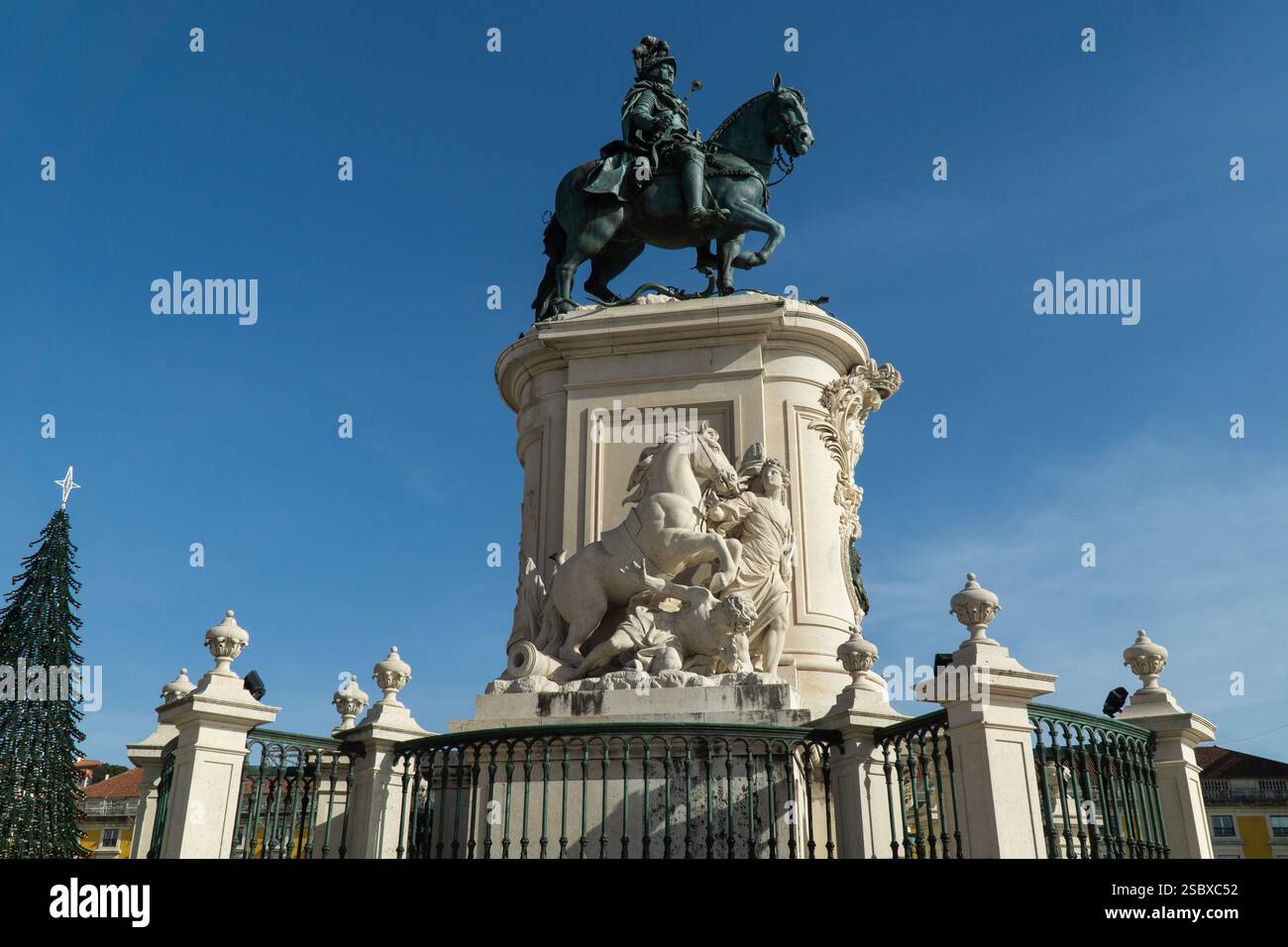 Statue of King Jose I at the Praca do Comercio square in Baixa district ...