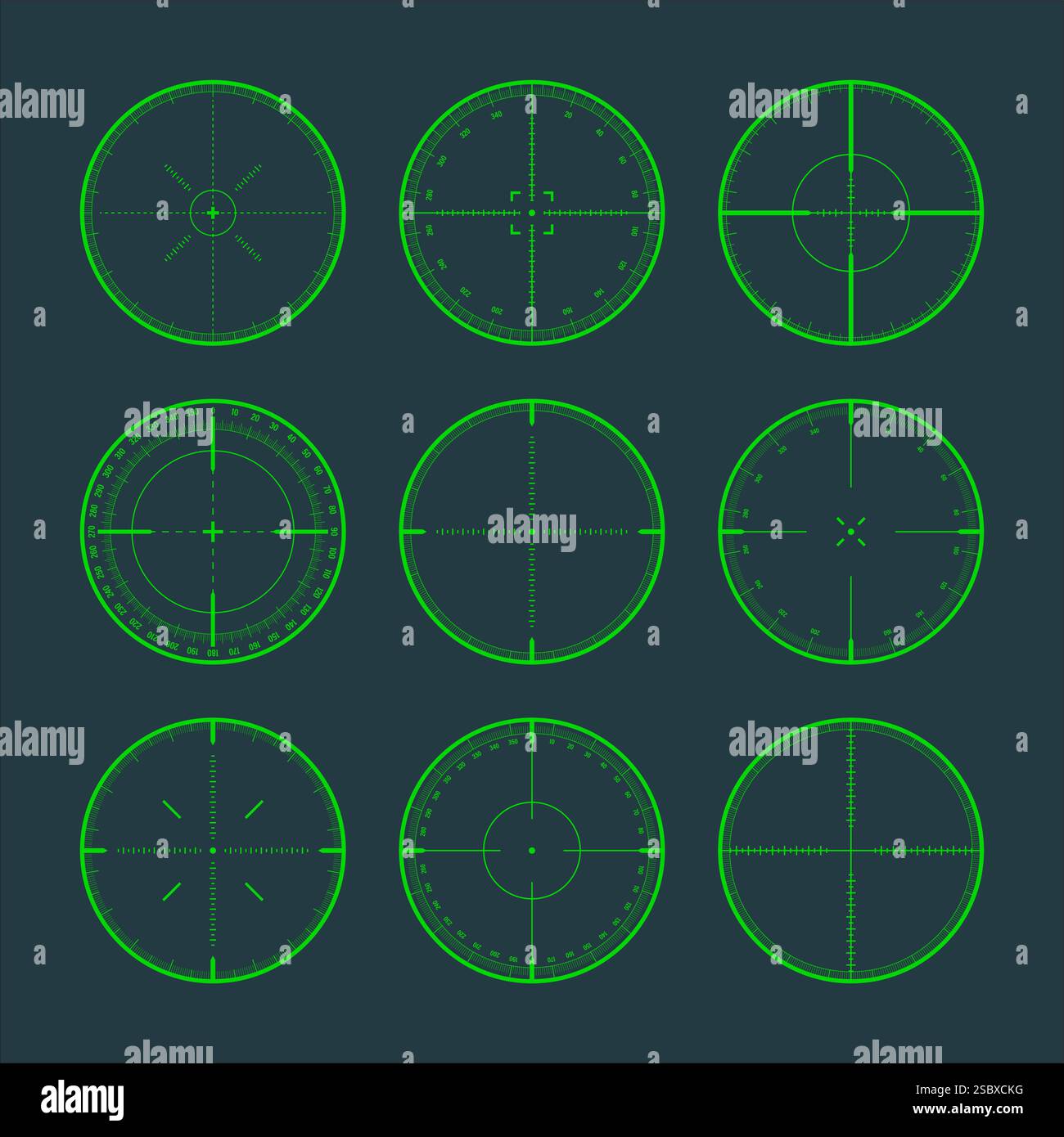 Various sniper rifle sights with degree scale, weapon optical scope ...