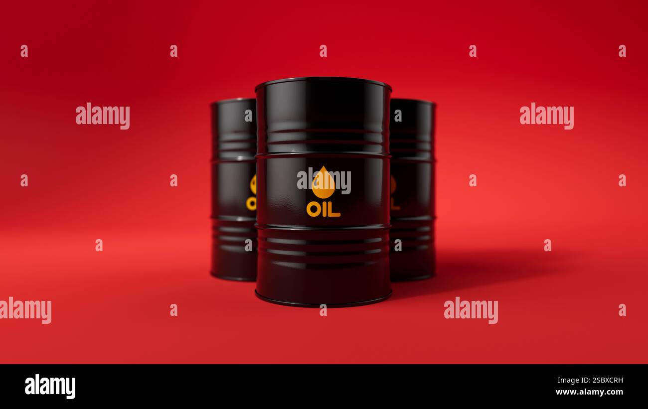 Three black metal oil barrels on red background. Front view. Oil ...