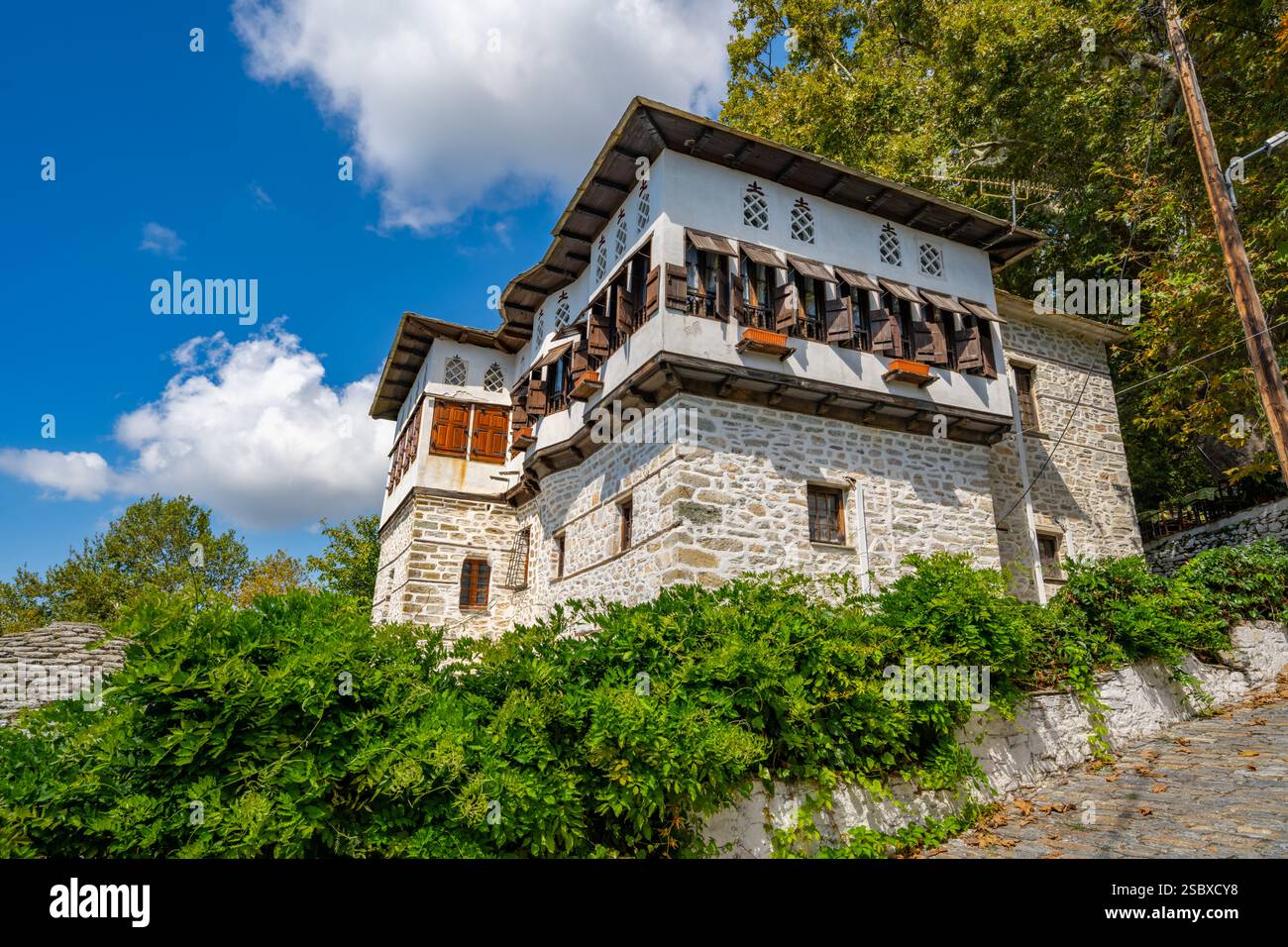 The typical historic mansion in the mountain village of Vizitsa near ...
