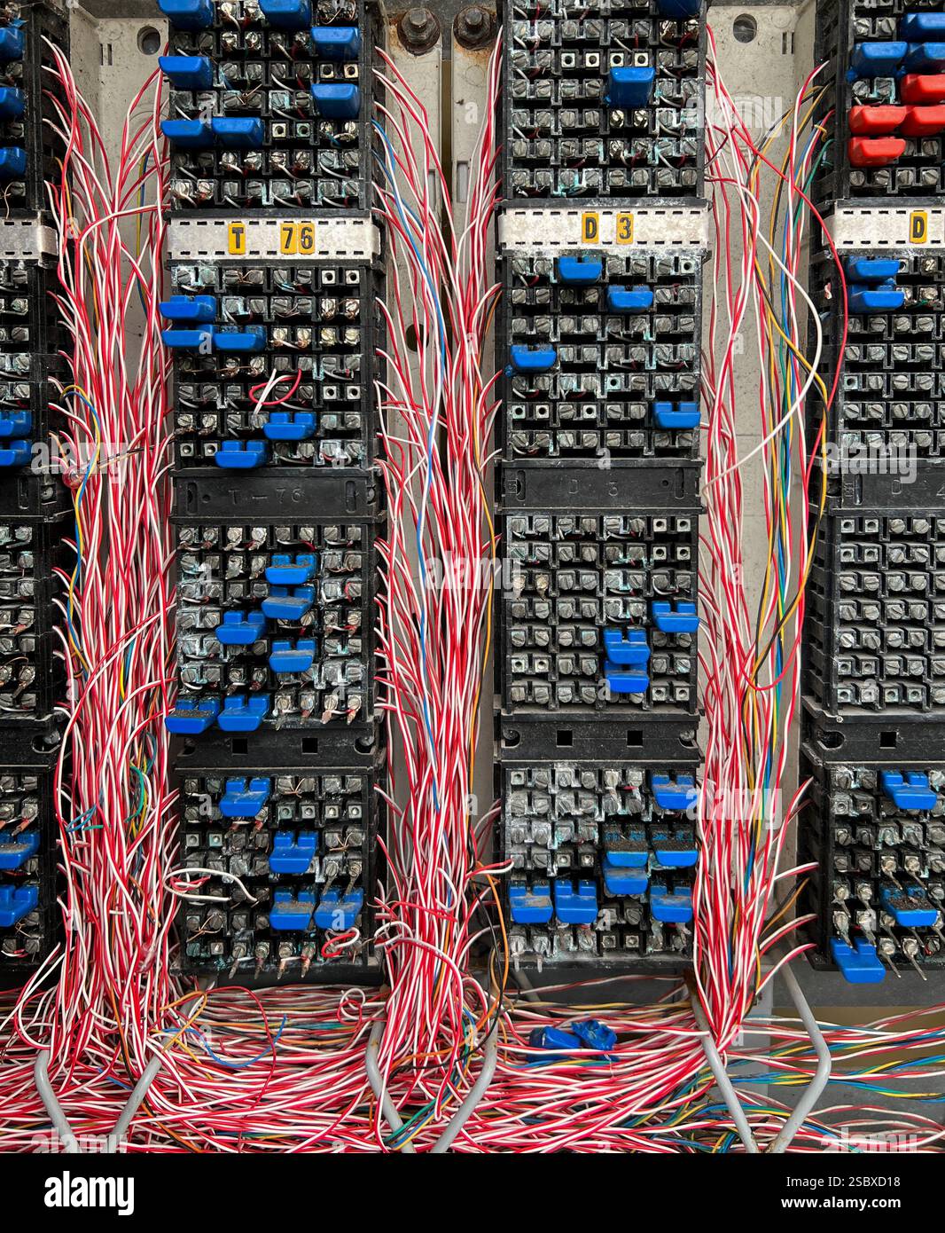 Fiber optical network cables panel. Old telephone cross connection box ...