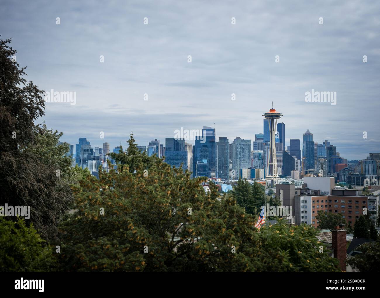 A landscape of downtown Seattle, with skyscrapers in the background and ...