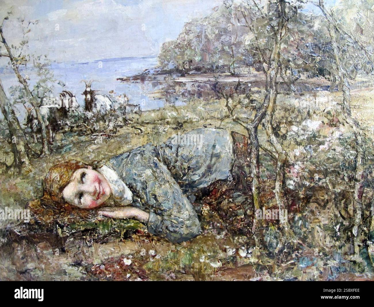 Edward Atkinson Hornel - Girl lying beside a log and wild Goats ba a ...