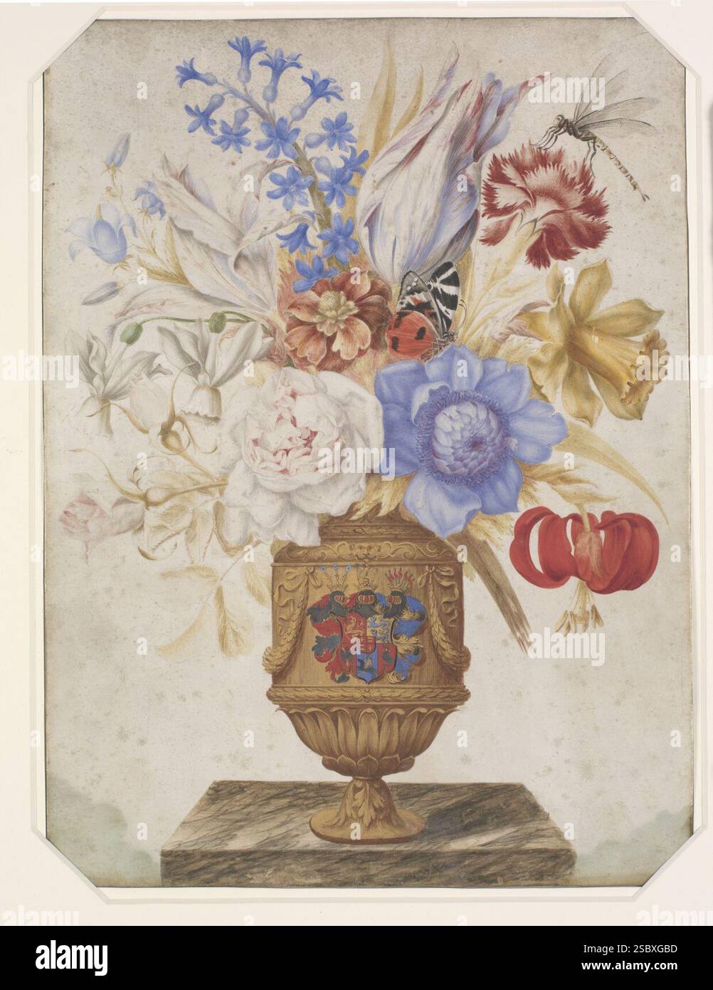 Hans Simon Holtzbecker, Blomster i en forgyldt vase med det Holstein ...