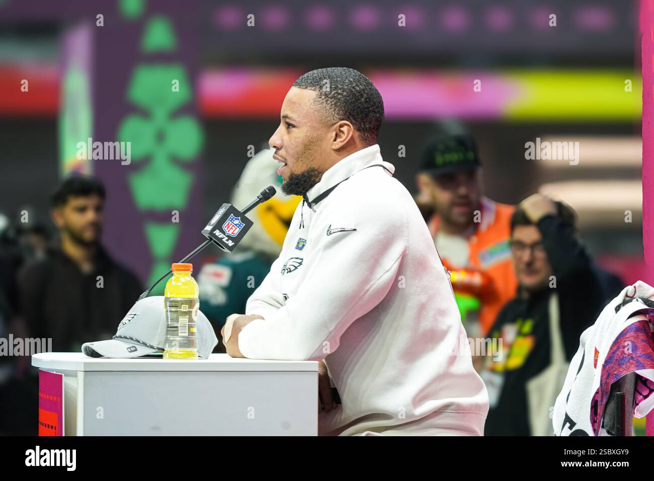 Eagles running back Saquan Barkley answering questions from reporters ...