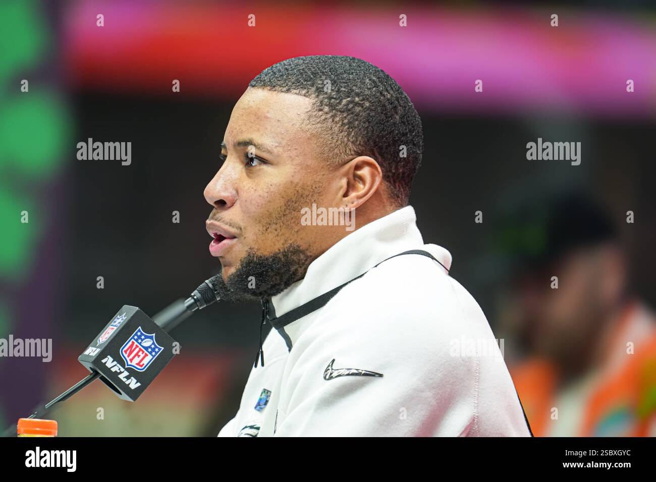Eagles running back Saquan Barkley answering questions from reporters ...