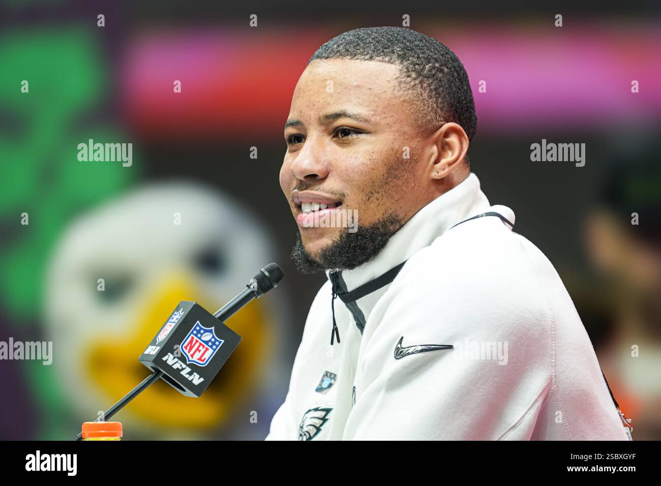 Eagles running back Saquan Barkley answering questions from reporters ...