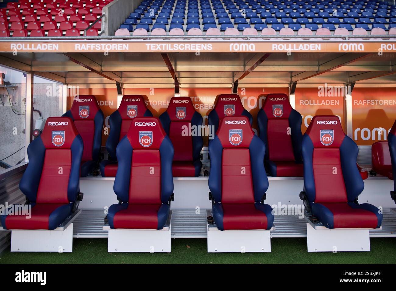 bench, bench, empty, logo, Recaro, seats, Voith-Arena, Heidenheim ...