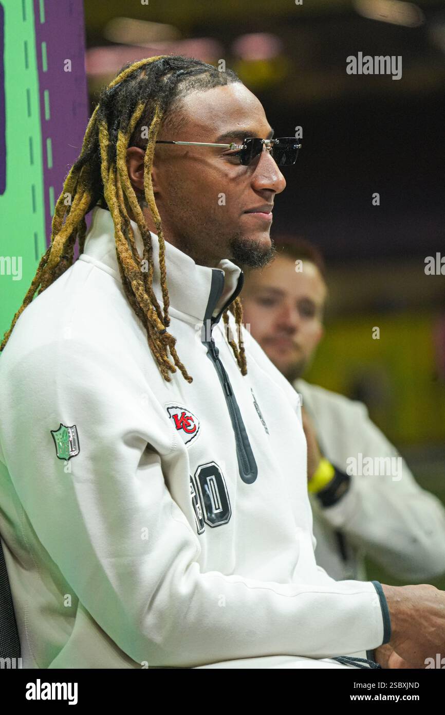 Chiefs player Justin Reid answering questions from reporters During the ...