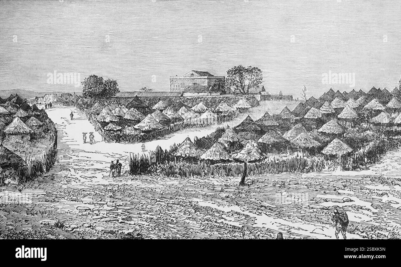 View of a village with a European fortress on a hill, slave trade ...
