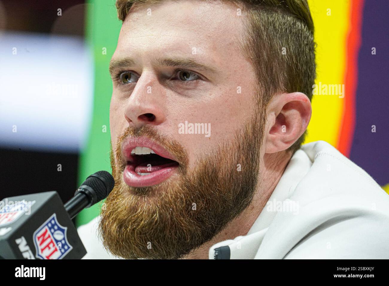 Chiefs player Harrison Butker answering questions from reporters During ...