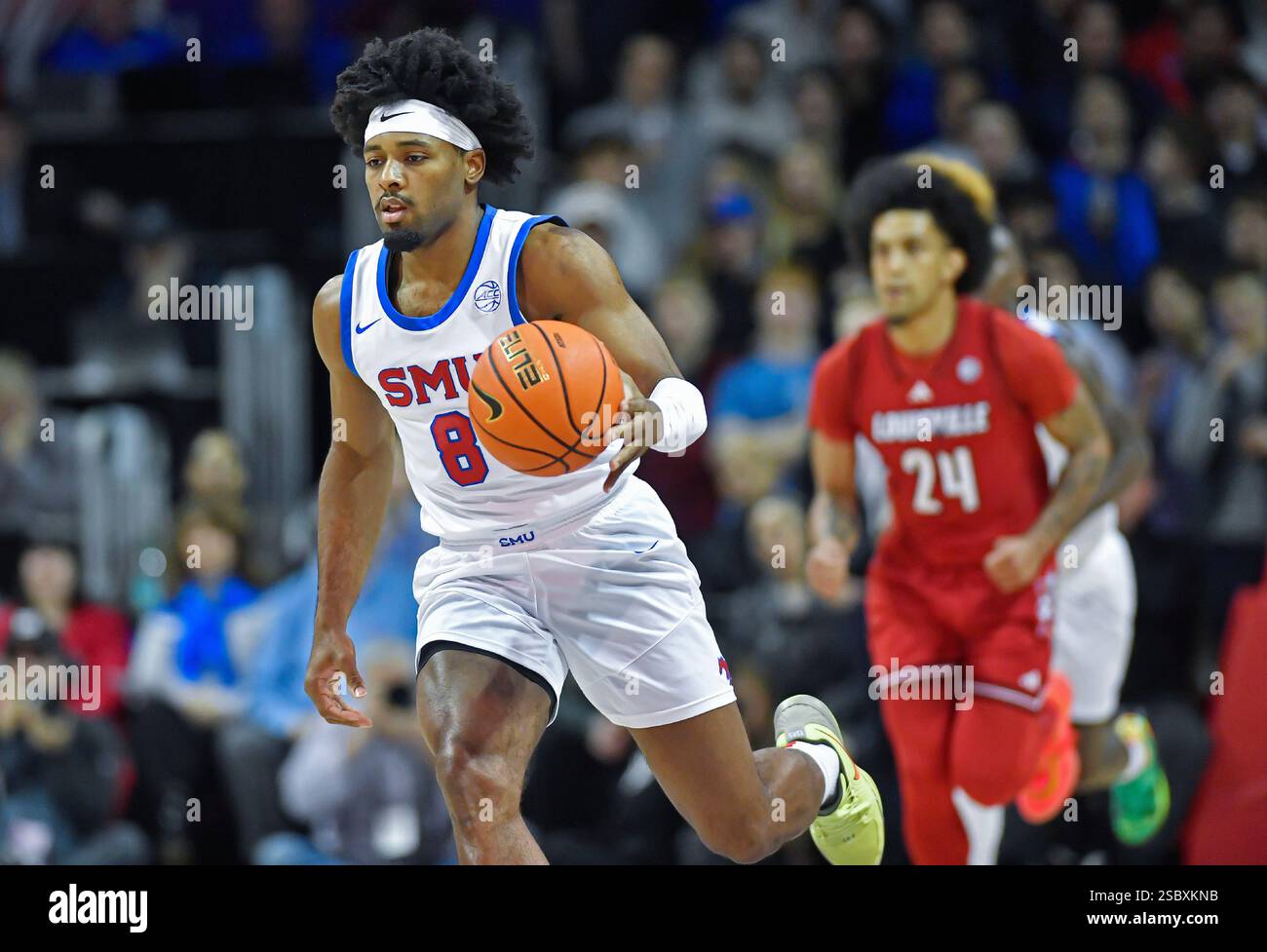 Dallas, TX, USA. 21st Jan, 2025. SMU Mustangs guard Kario Oquendo runs ...