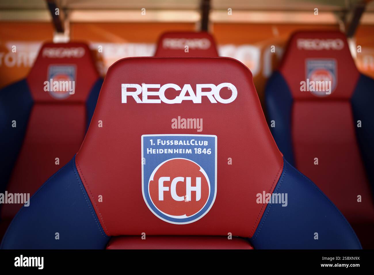 bench, bench, empty, logo, Recaro, seats, Voith-Arena, Heidenheim ...