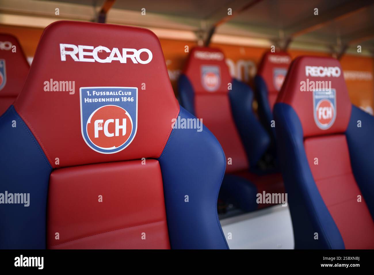 bench, bench, empty, logo, Recaro, seats, Voith-Arena, Heidenheim ...