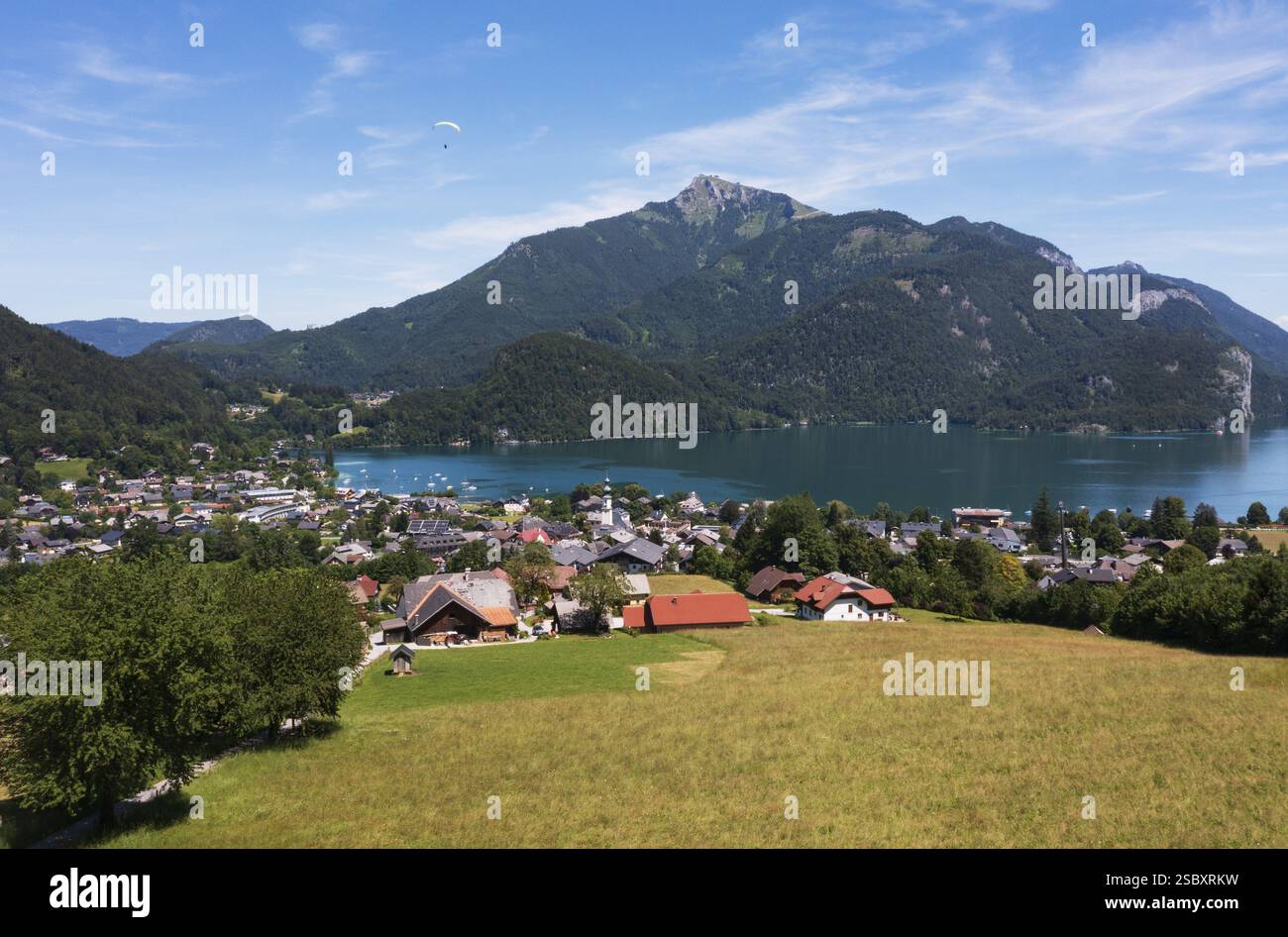 Drone image, Sankt Gilgen am Wolfgangsee with Schafberg, Osterhorn ...