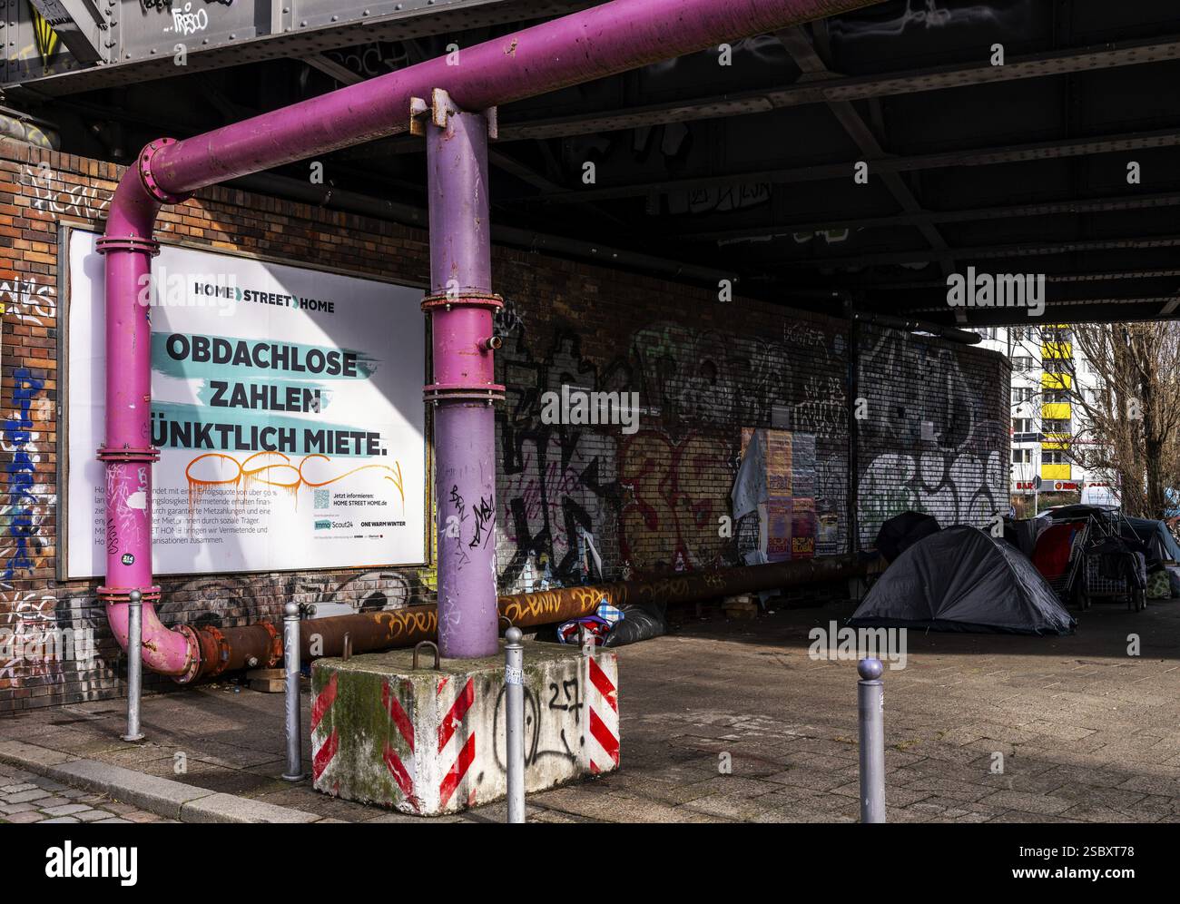 Waste and rubbish collection point, homeless people under the ...