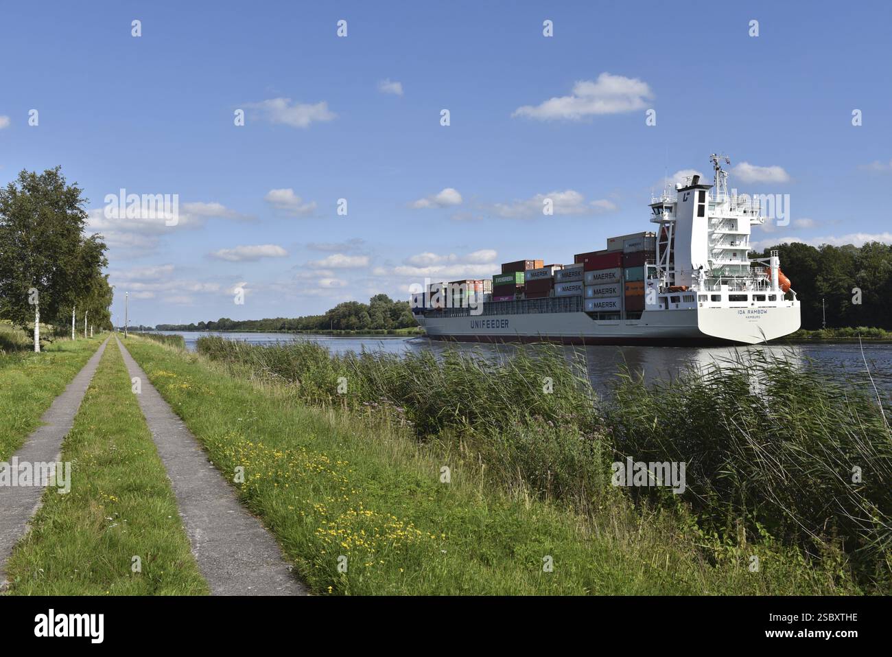 Container ship IDA RAMBOW travelling through the Kiel Canal, Kiel Canal ...