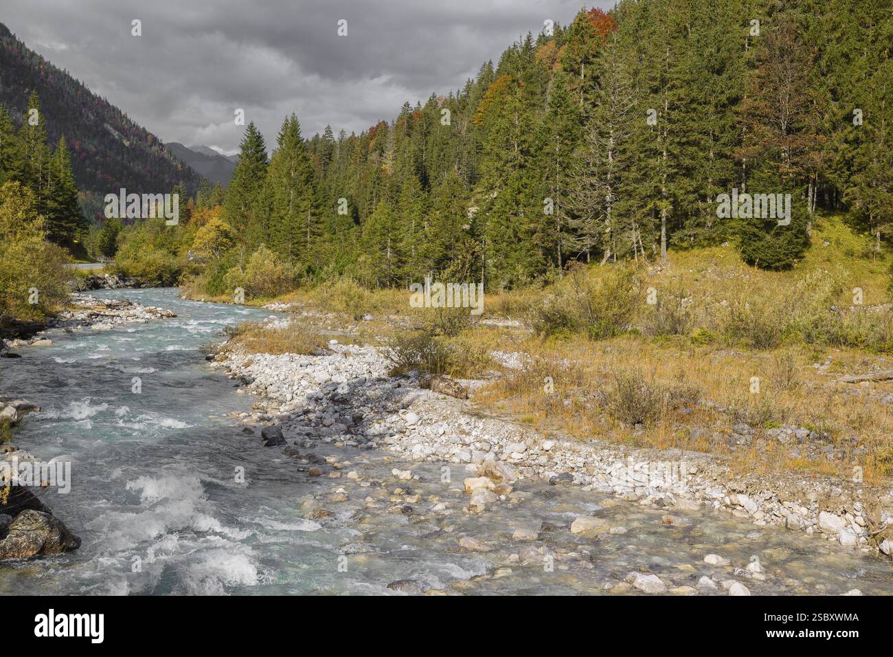 The Riss creek flowing fast through the Eng valley, Tyrol, Austria ...