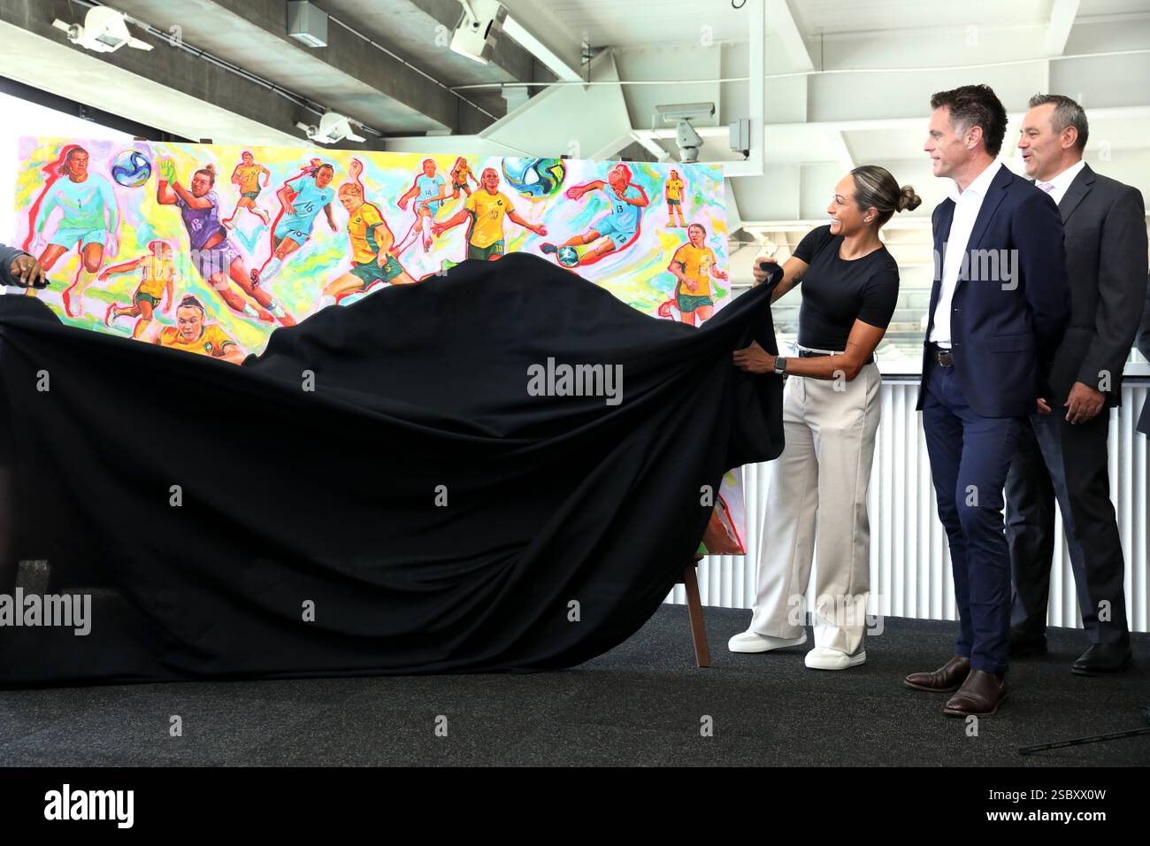 MatildaÕs player Kyah Simon, NSW Premier Chris Minns and Minister for ...