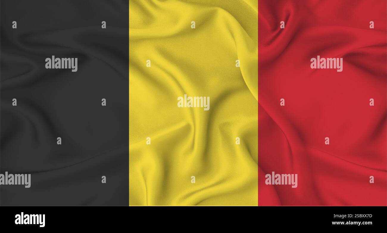 Realistic Belgium flag waving. Close up of flag of Belgium with cloth ...